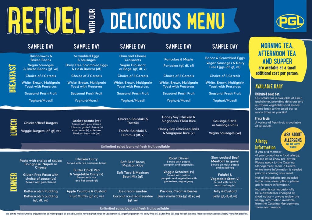 Food at Camp, Sample Menu - PGL Australia