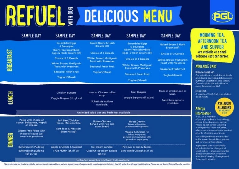 Food at Camp, Sample Menu - PGL Australia